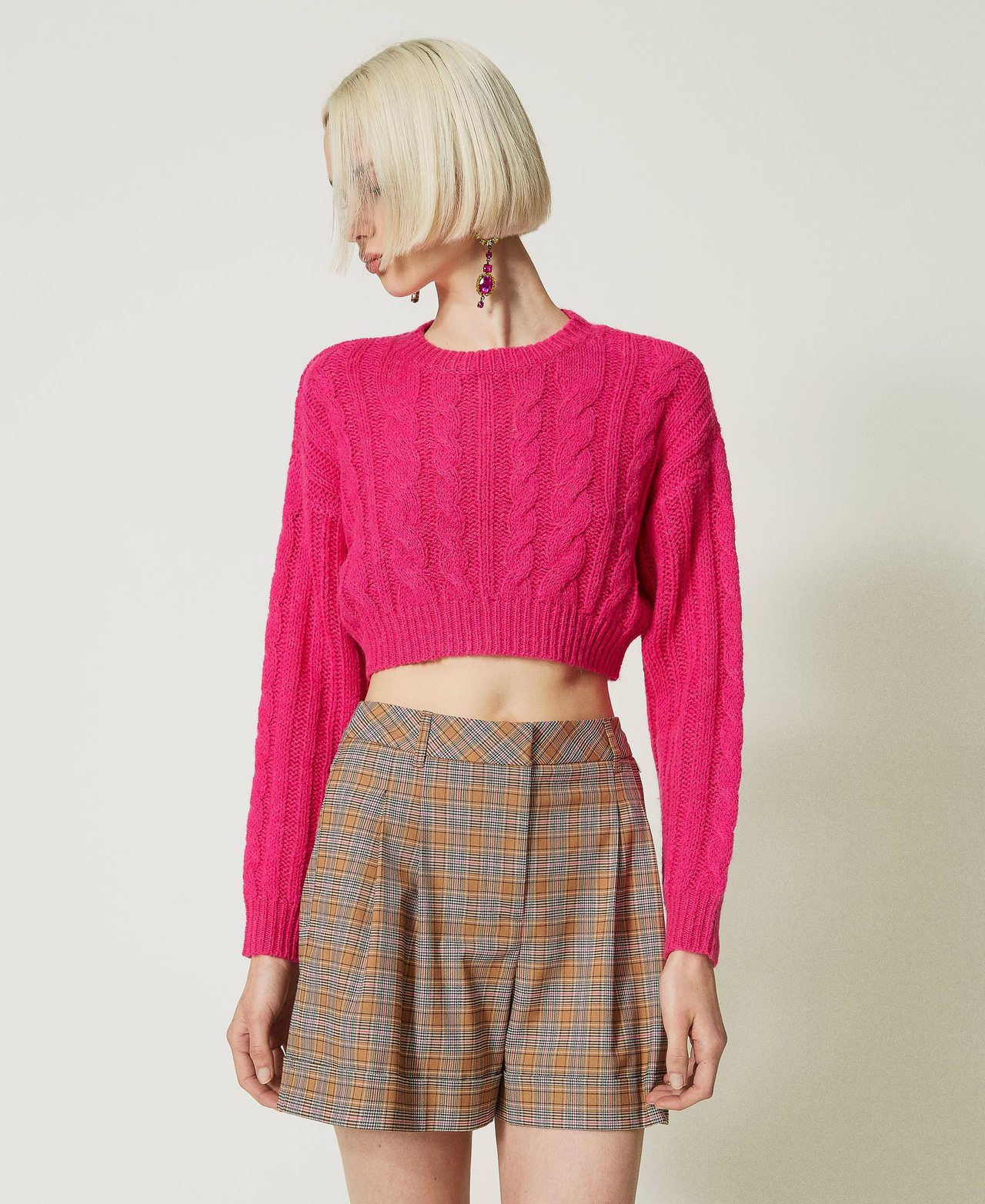 Wool and alpaca cropped jumper Woman, Fuchsia | TWINSET Milano