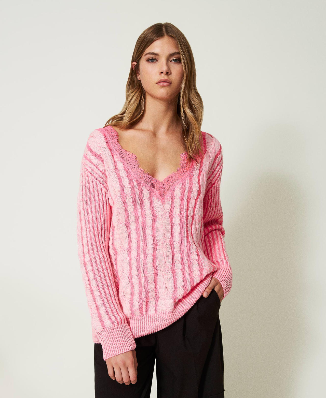 Maxi maglia MYFO a trecce con pizzo Donna, Rosa | TWINSET Milano