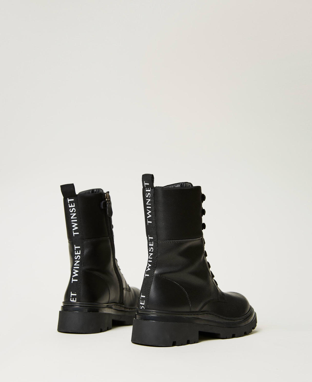 Lace-up leather combat boots Girl, Black | TWINSET Milano
