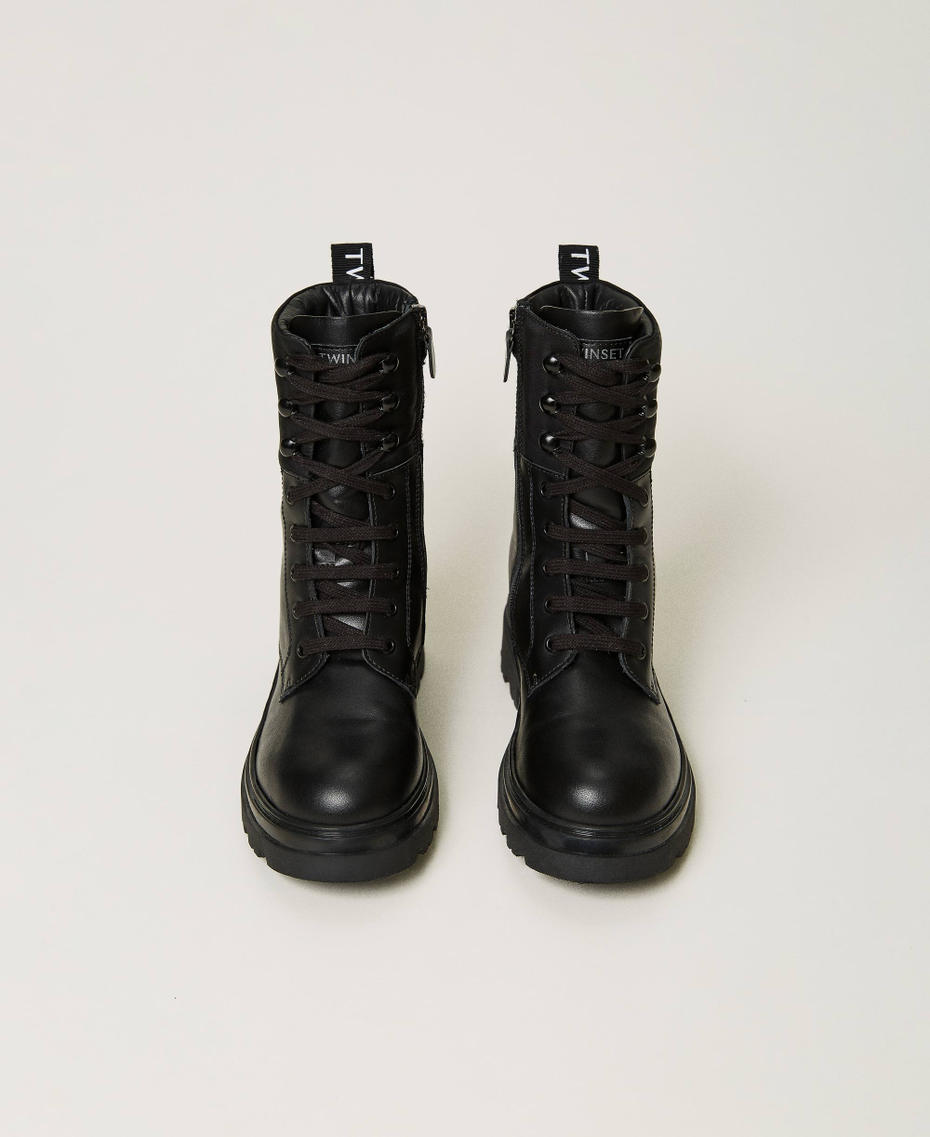 Lace-up leather combat boots Girl, Black | TWINSET Milano
