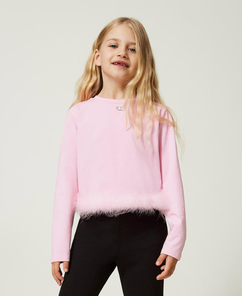 T-shirt in jersey con piume Bambina, Rosa | TWINSET Milano