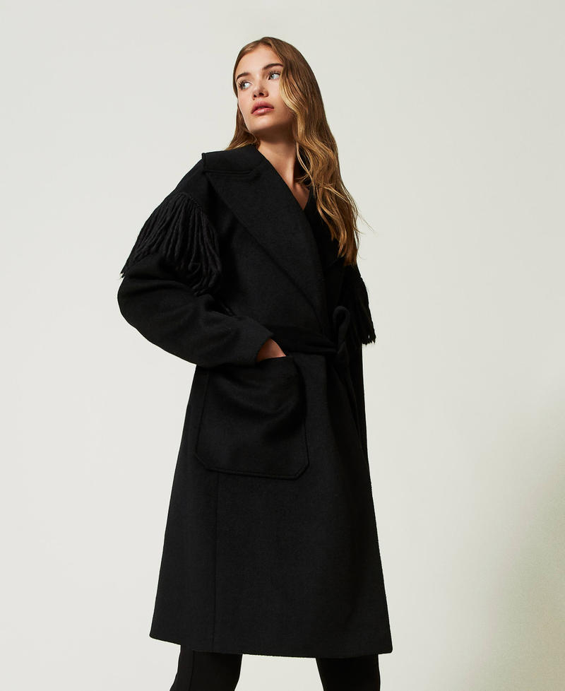 Wool cloth coat with fringes Woman, Black | TWINSET Milano
