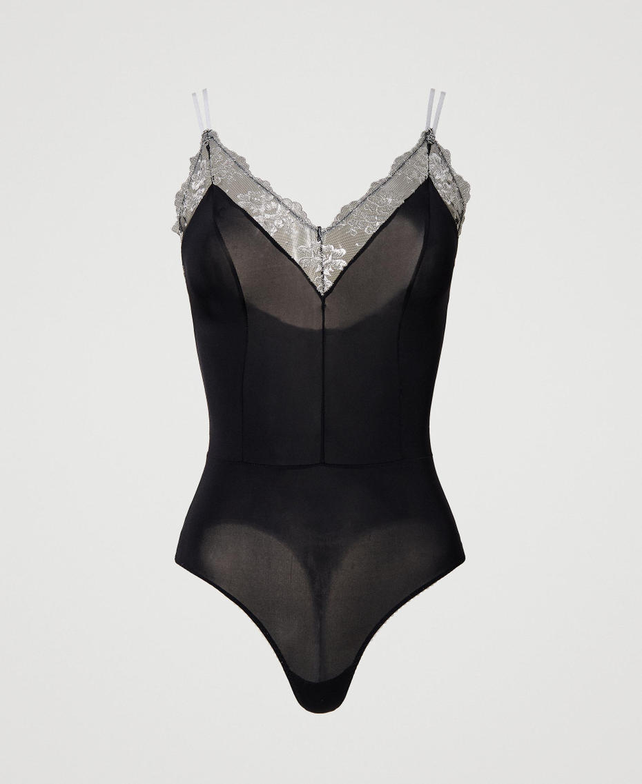 Bodysuit with tulle embroidery Woman, Grey | TWINSET Milano