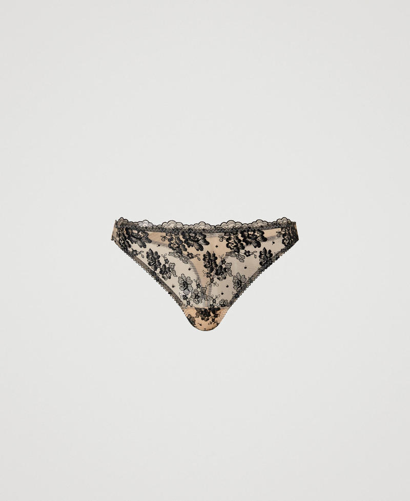 Embroidered tulle g-string Woman, Beige | TWINSET Milano