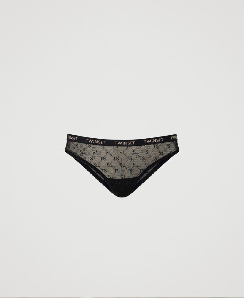 Slip brésilien avec broderie siglée Femme, Noir | TWINSET Milano