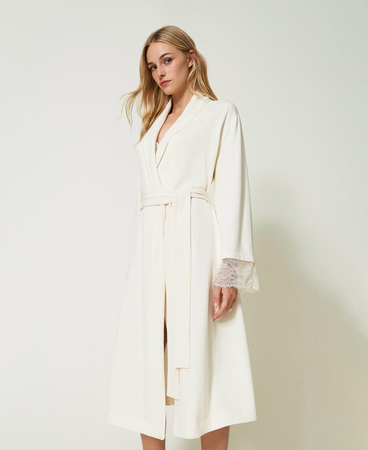 Vestaglia lunga con pizzo Donna, Bianco | TWINSET Milano