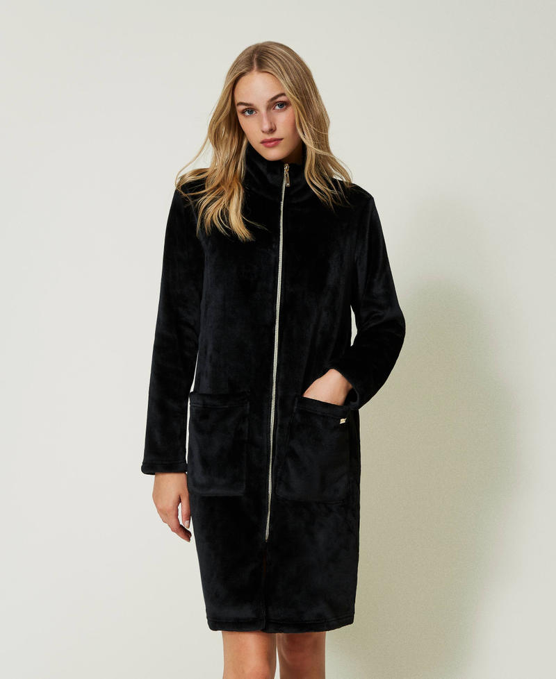 Faux fur dressing gown with zip Woman, Black | TWINSET Milano