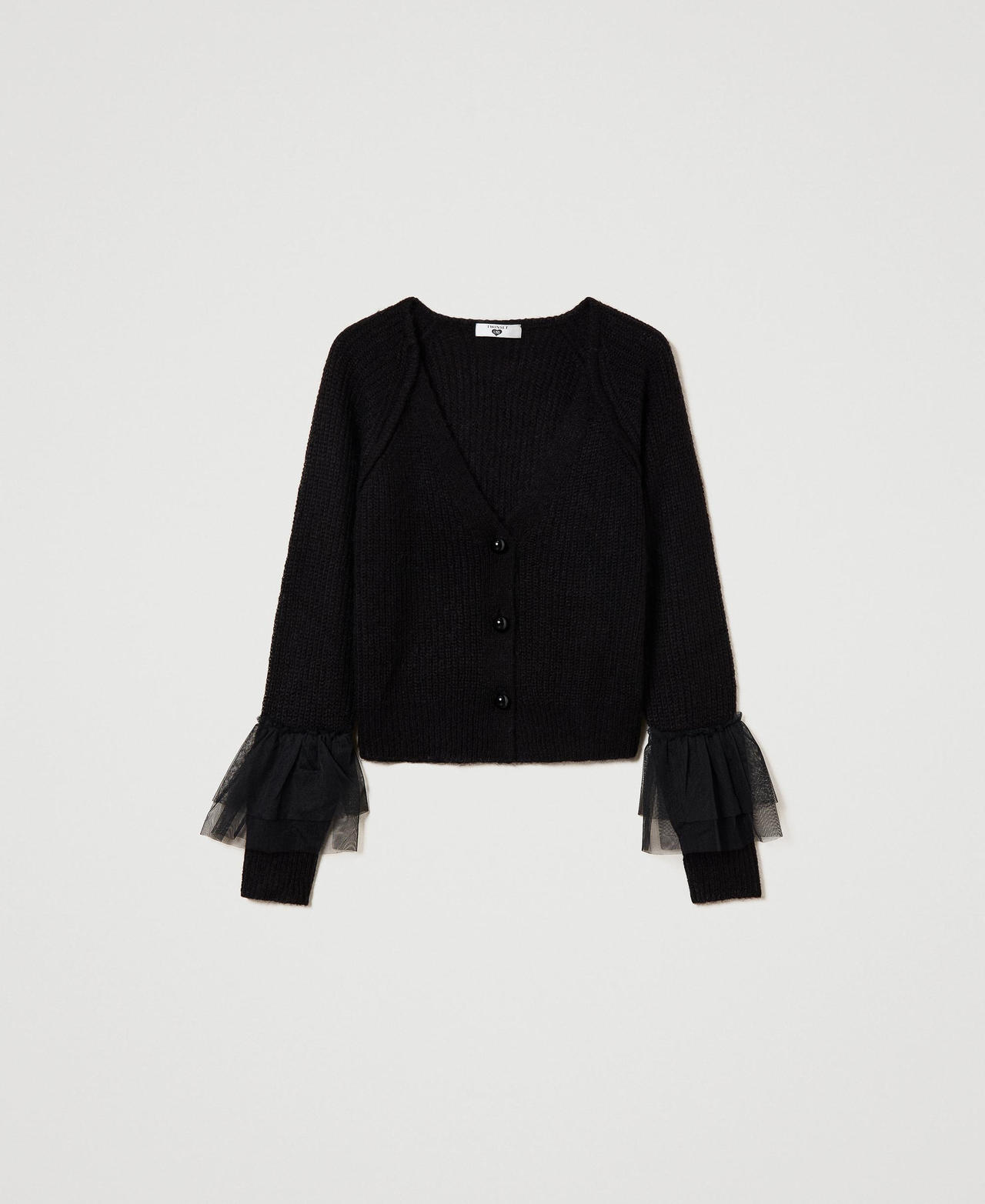 Cardigan con volant in tulle Donna, Nero | TWINSET Milano