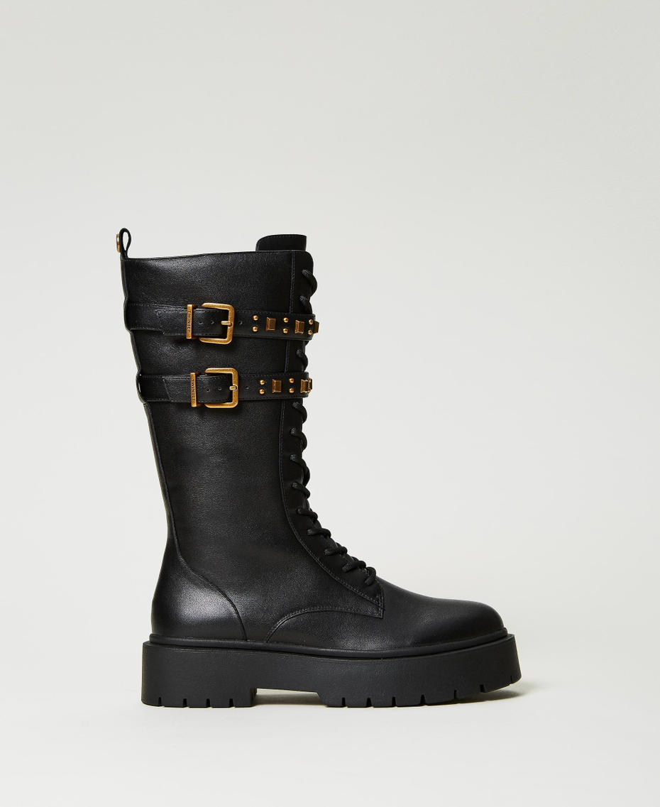 Anfibi in pelle con cinturini Donna, Nero | TWINSET Milano