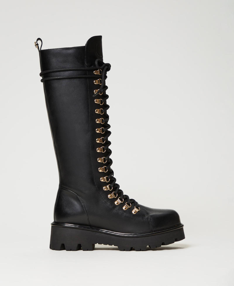 Anfibi alti in pelle Donna, Nero | TWINSET Milano