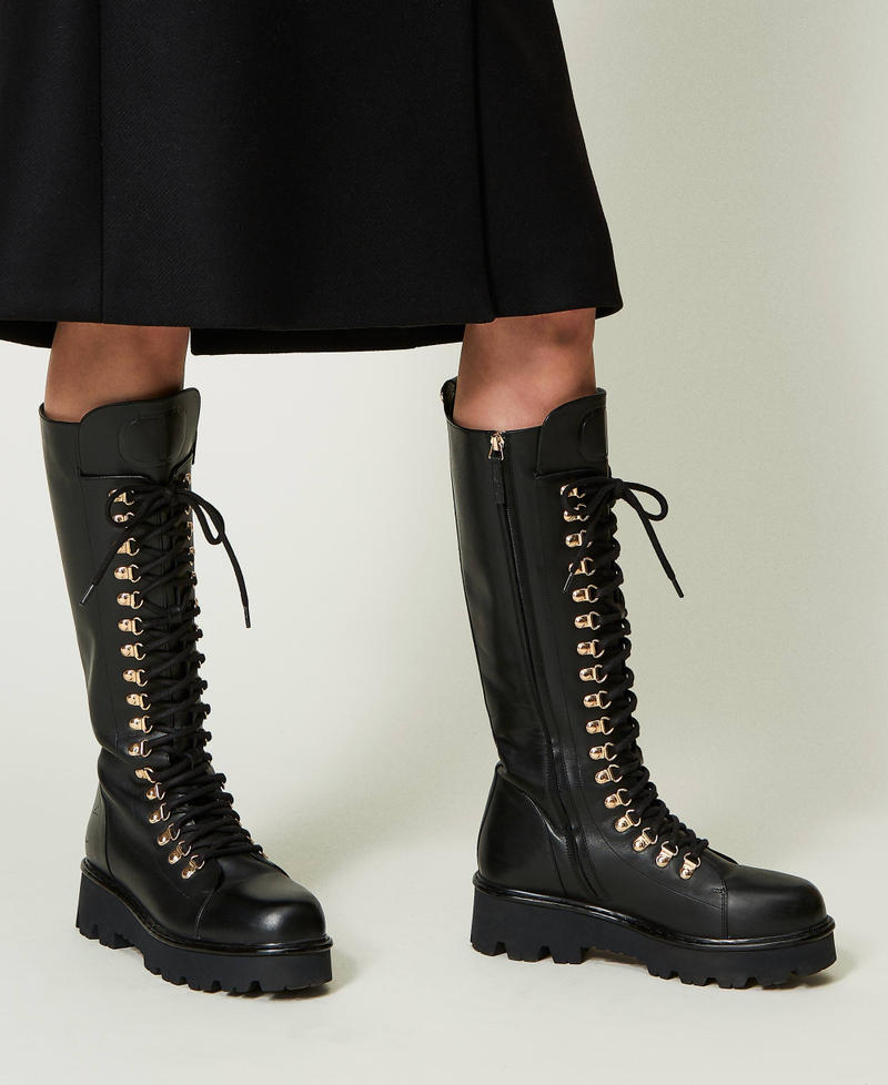 Anfibi alti in pelle Donna, Nero | TWINSET Milano
