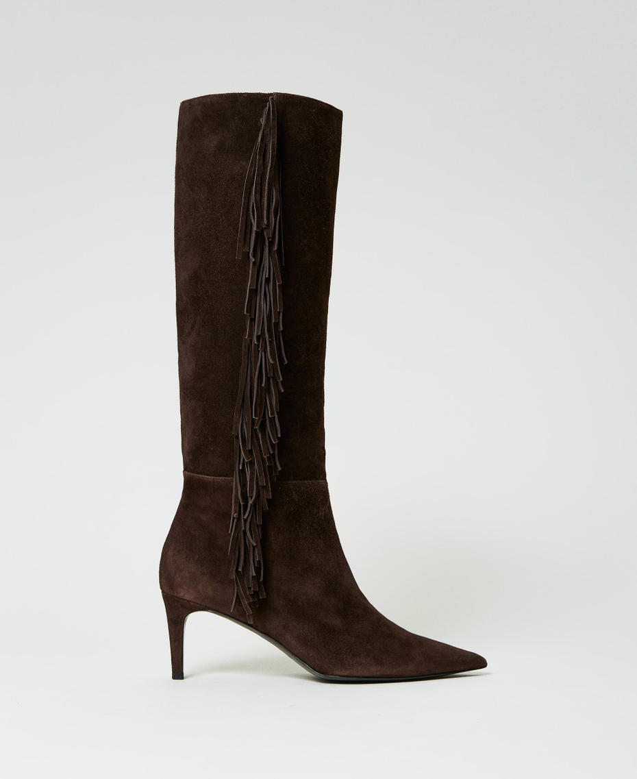 Stivali in pelle scamosciata con frange Donna, Marrone | TWINSET Milano