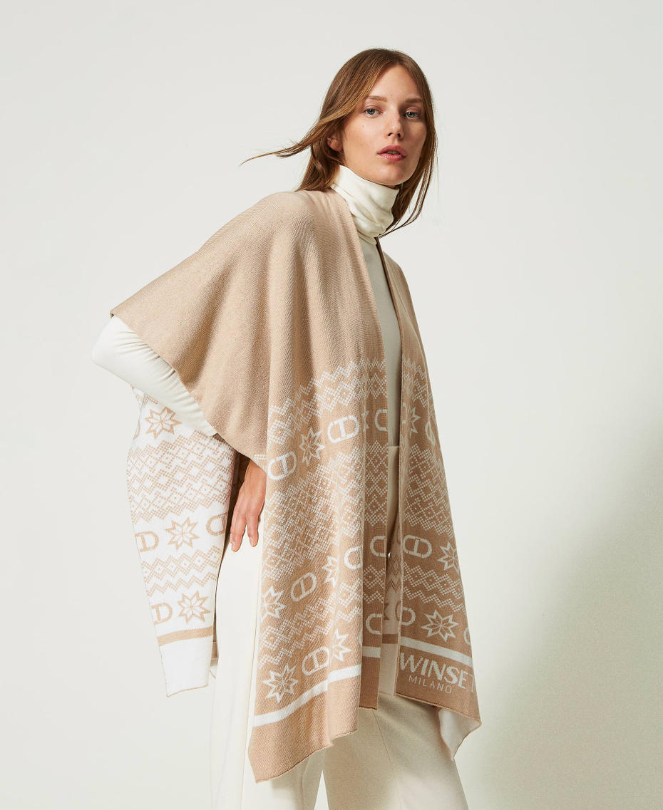Jacquard open poncho with Oval T Woman, Brown | TWINSET Milano