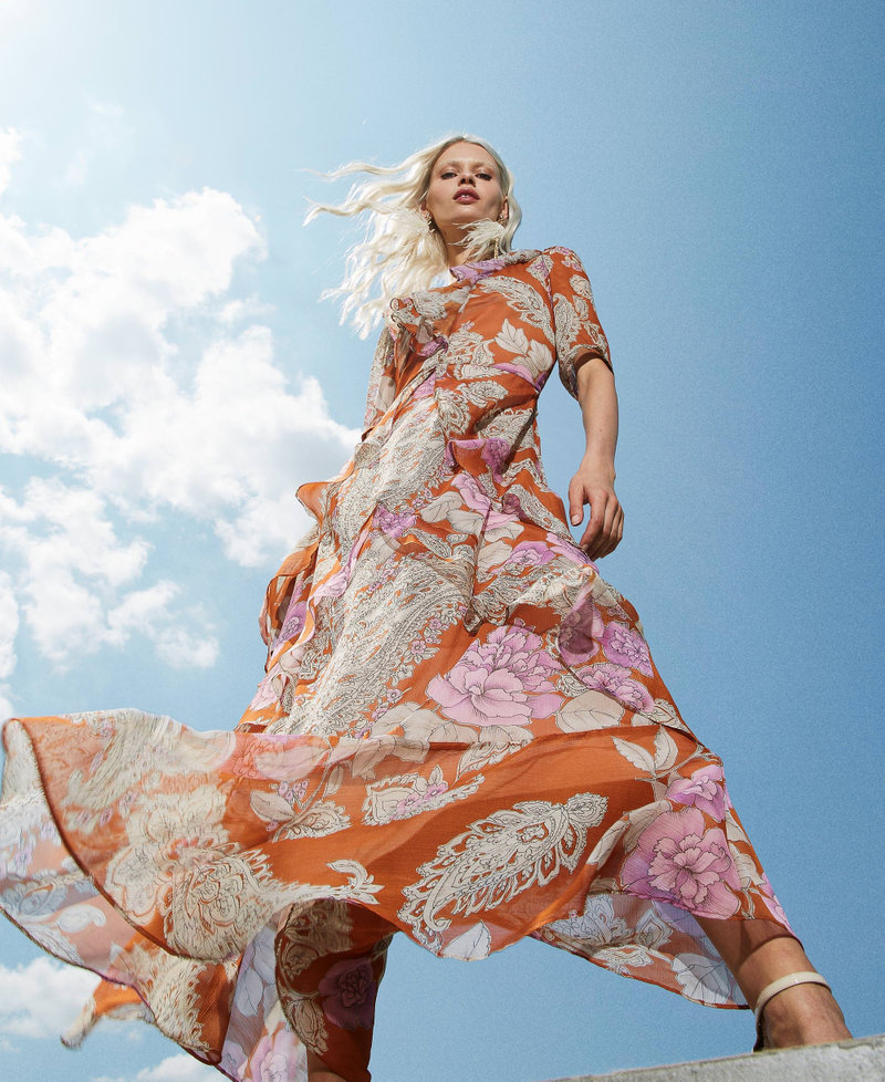 Vestido largo de crespón con volante Mujer, Estampado | TWINSET Milano