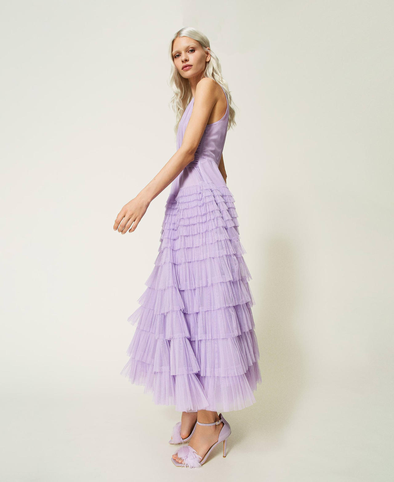 Abito longuette in tulle con balze Donna, Viola | TWINSET Milano