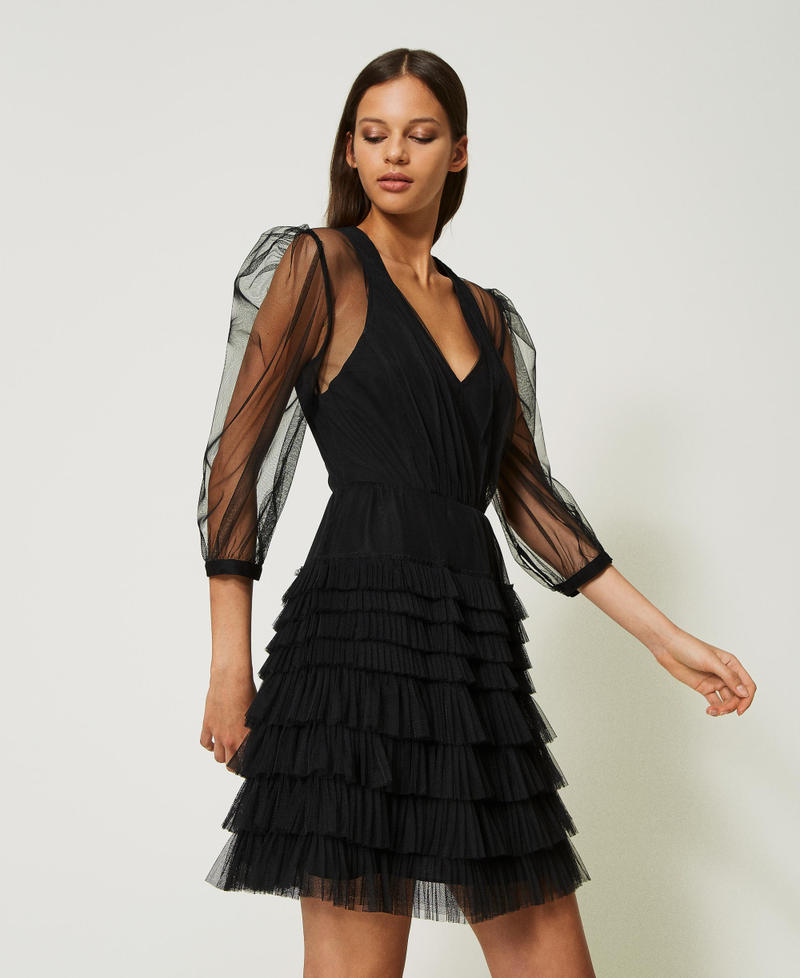 Robe courte en tulle avec volants Femme, Noir | TWINSET Milano