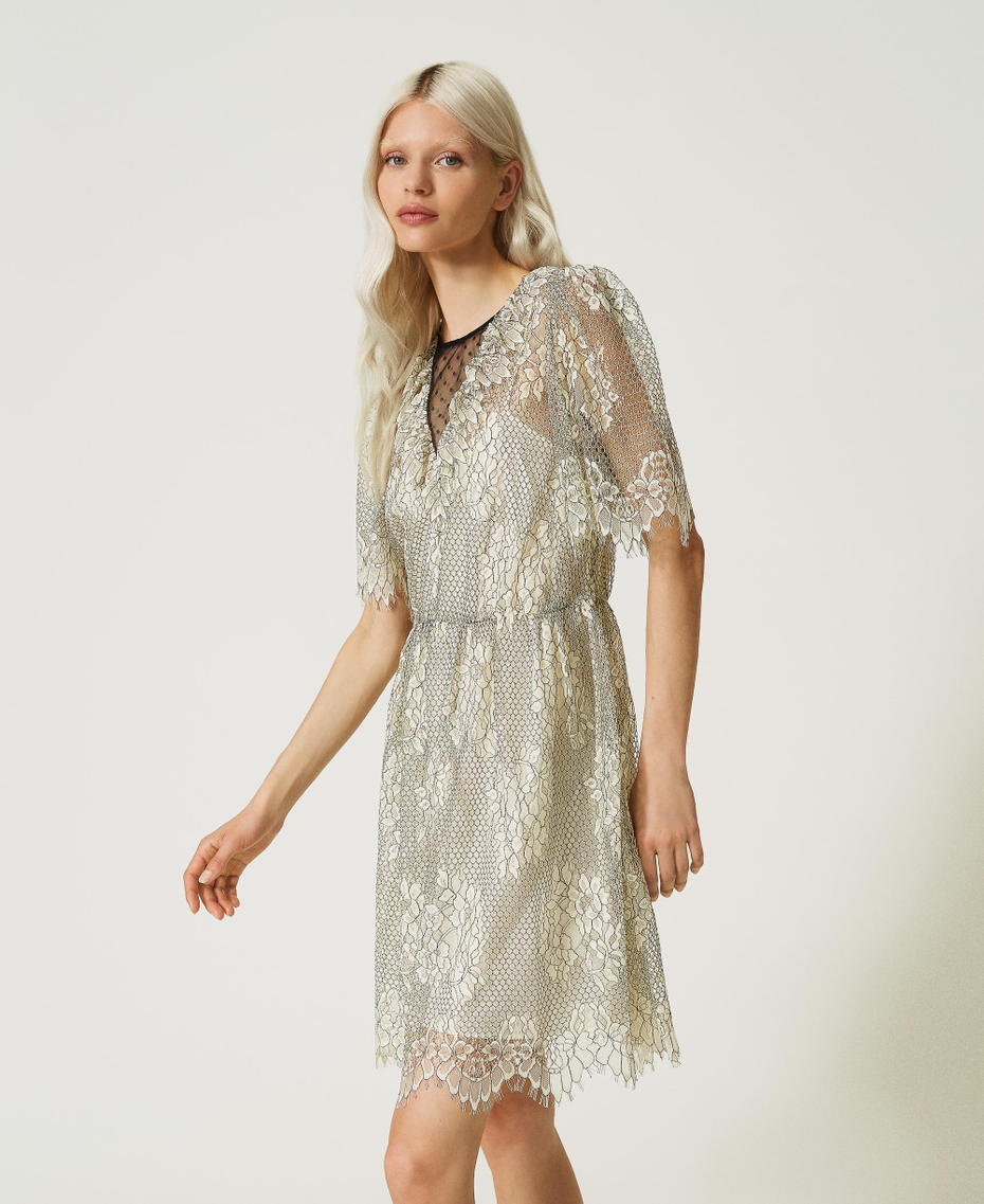 Abito corto in pizzo e tulle plumetis Donna, Bianco | TWINSET Milano