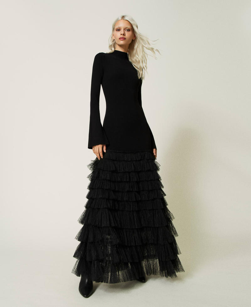 Abito lungo in maglia con balze in tulle Donna, Nero | TWINSET Milano