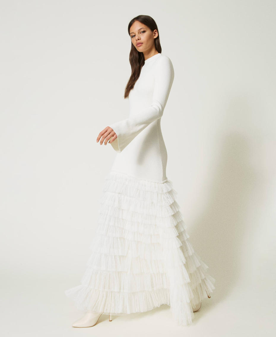 Long knit dress with tulle flounces Woman, White | TWINSET Milano