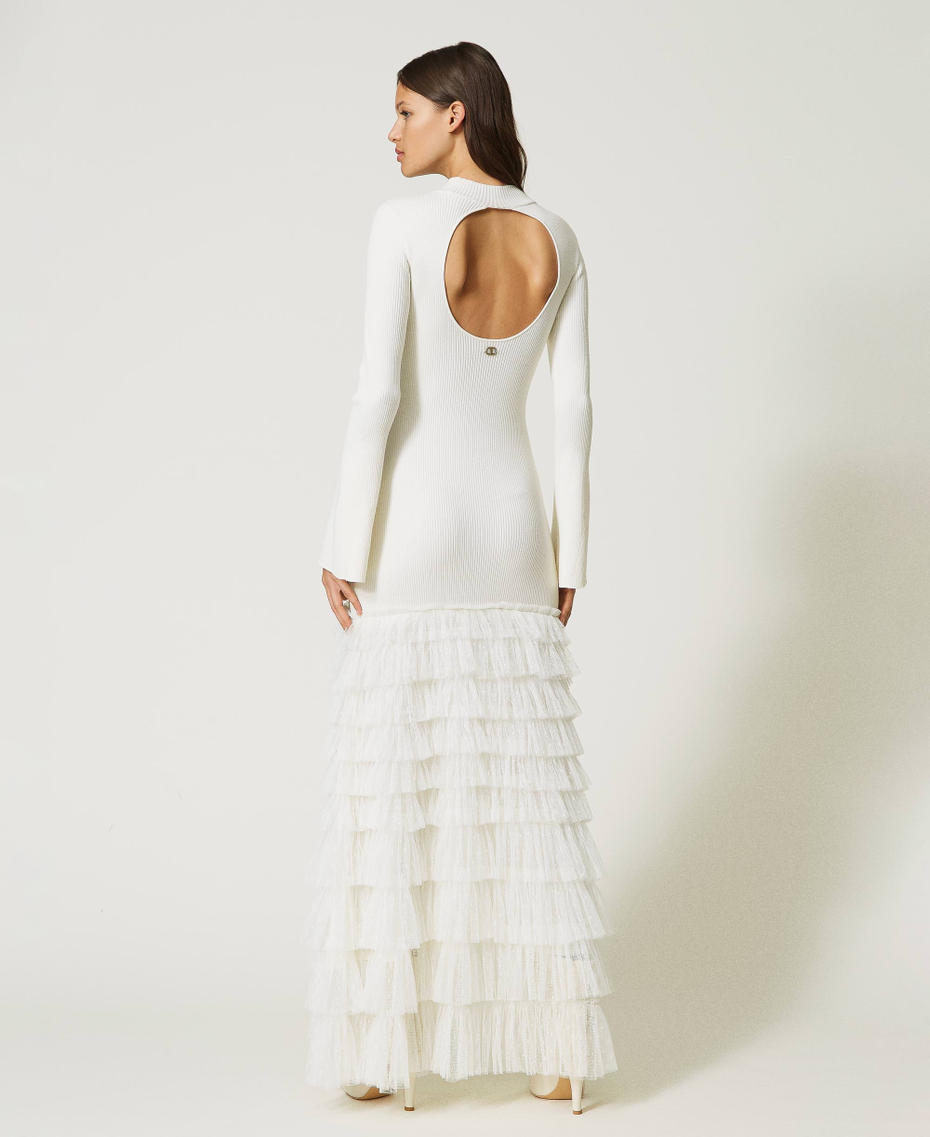 Long knit dress with tulle flounces Woman, White | TWINSET Milano