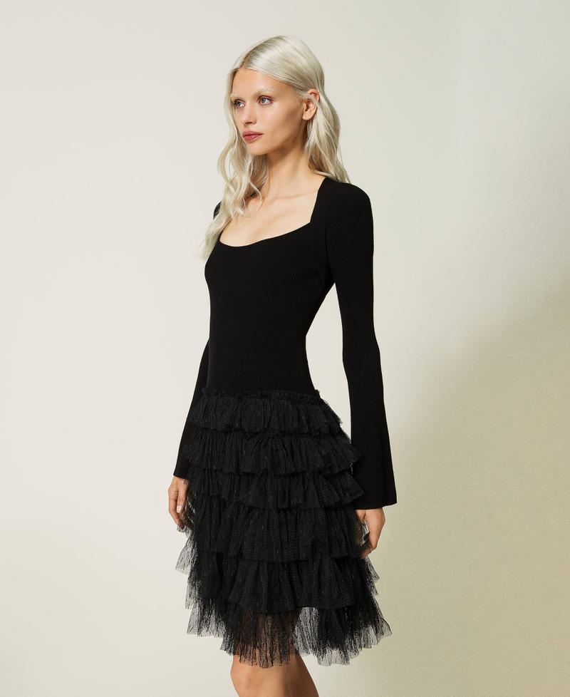 Short knit dress with tulle flounces Woman, Black | TWINSET Milano