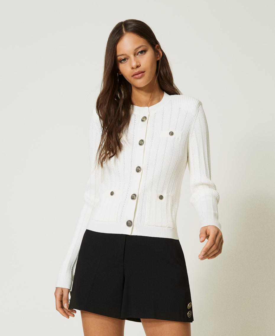 Ribbed knit Mandarin collar jacket Woman, White | TWINSET Milano