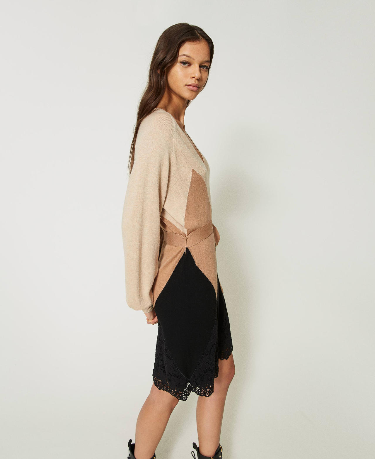 Short wool blend dress with lace Woman, Patterned | TWINSET Milano