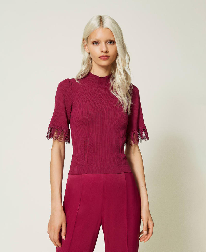 Ribbed jumper with lace Woman, Purple | TWINSET Milano