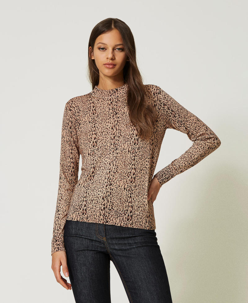 Turtleneck wool jumper with animal print Woman, Brown | TWINSET Milano
