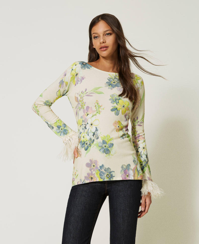 Jumper with floral print and feathers Woman, Patterned | TWINSET Milano