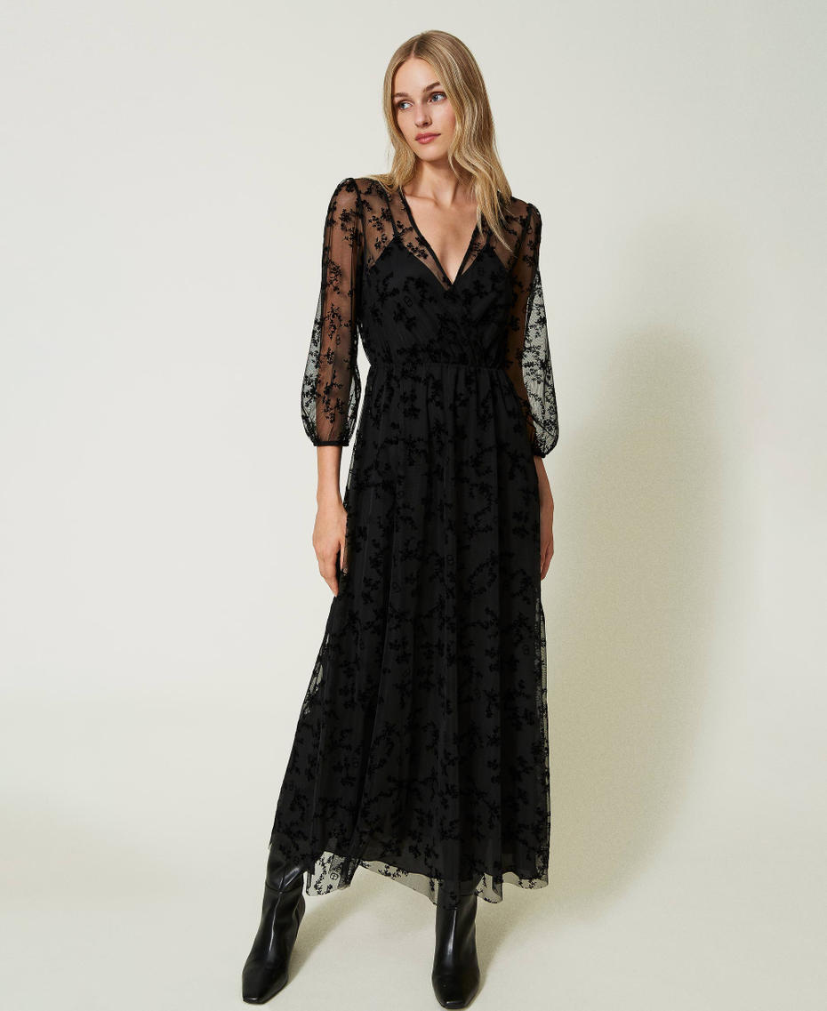 Maxikleid aus Flock-Tüll Frau, Schwarz | TWINSET Milano