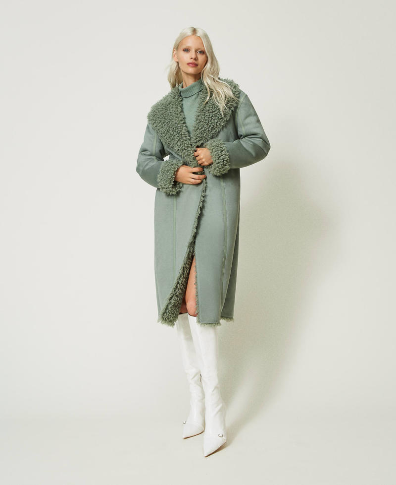 Suede-like coat with faux fur Woman, Green | TWINSET Milano