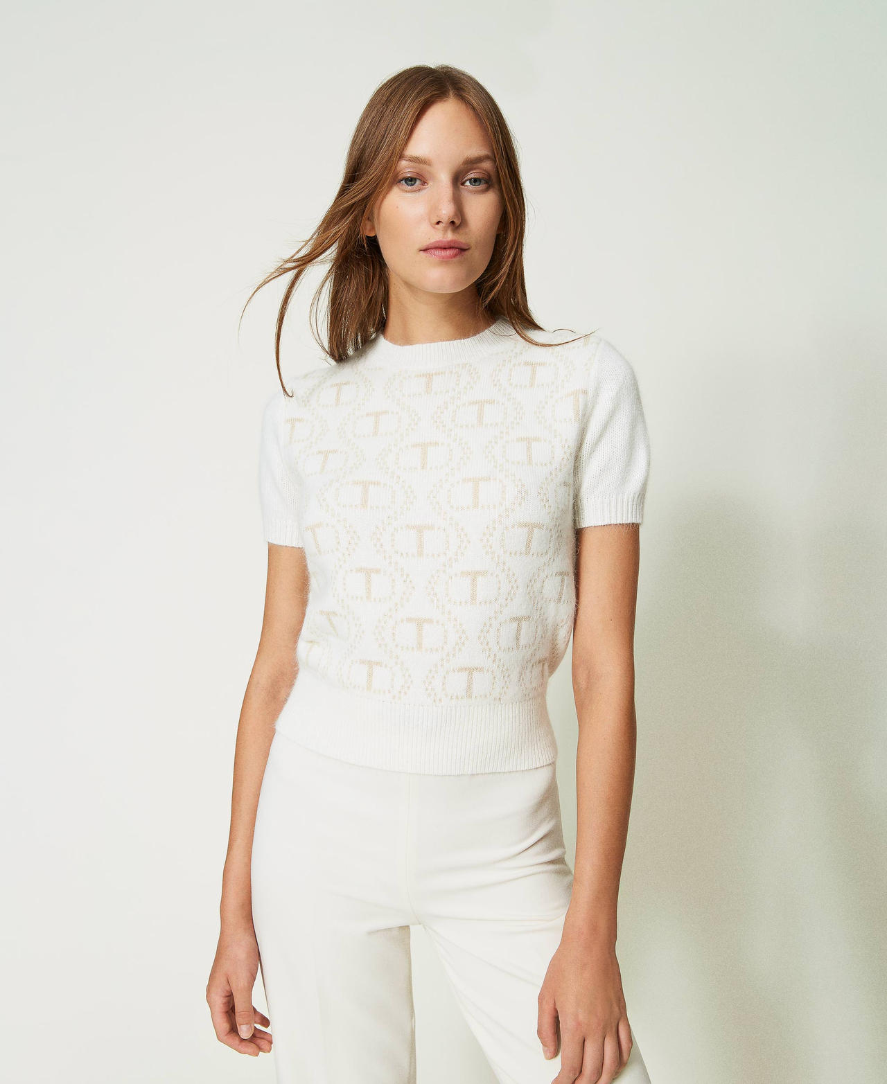 Angora and lurex jumper with Oval T Woman, White | TWINSET Milano