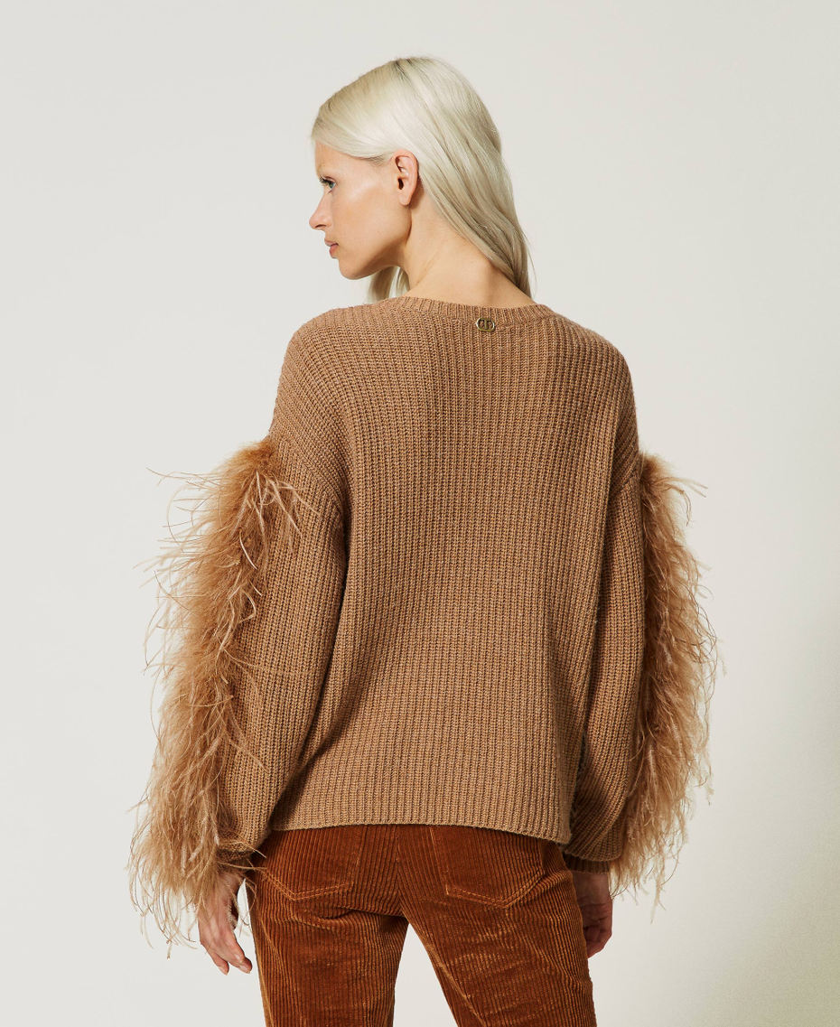 Wool blend jumper with feathers Woman, Brown | TWINSET Milano