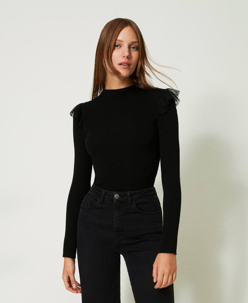 Body in maglia con volant in tulle Donna, Nero | TWINSET Milano