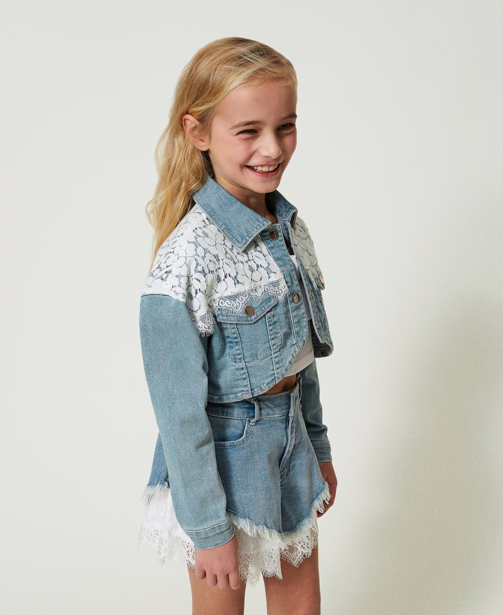 Denim jacket with lace Girl, Light blue | TWINSET Milano Denim jacket with lace Girl, Light blue | TWINSET Milano