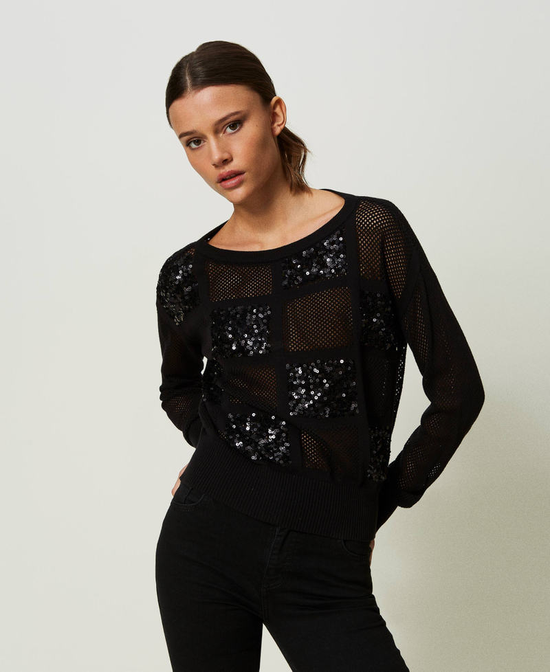 Mesh stitch and sequin jumper Woman, Black | TWINSET Milano