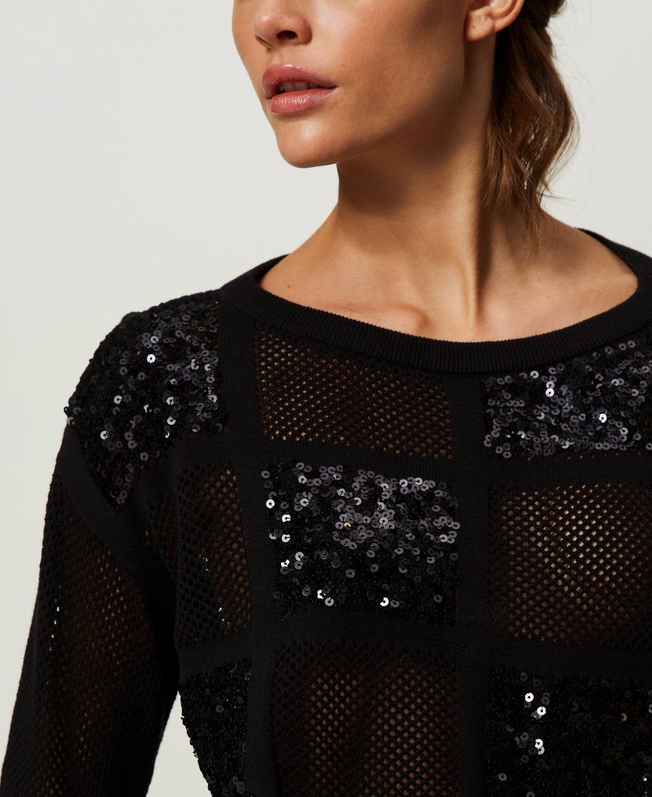 Pull en point résille et sequins Femme, Noir | TWINSET Milano