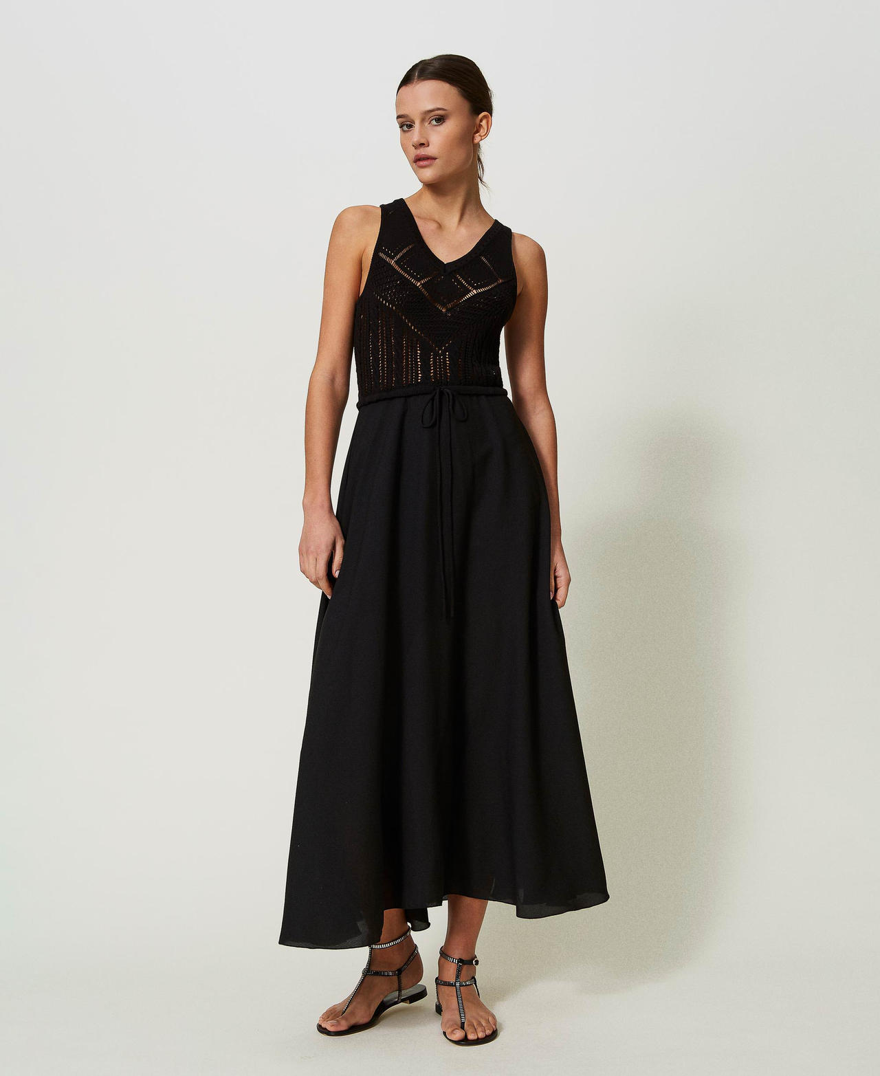 Robe longue en maille et crêpe georgette Femme, Noir | TWINSET Milano