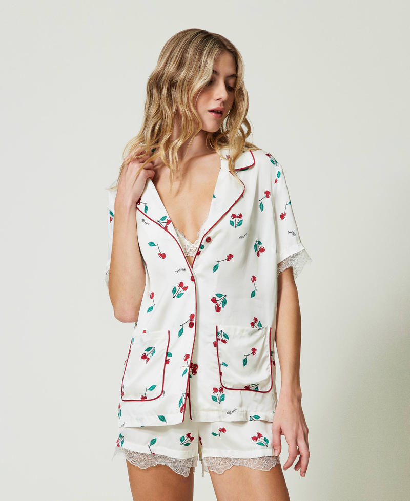 Satin tunic with cherry print Woman, White | TWINSET Milano