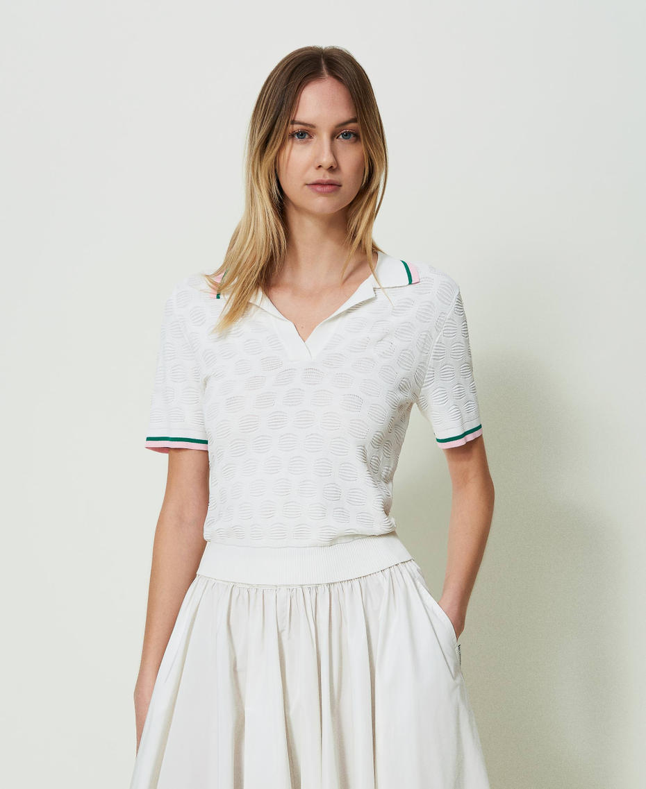 Maglia a polo con motivo geometrico e righe Donna, Bianco | TWINSET Milano