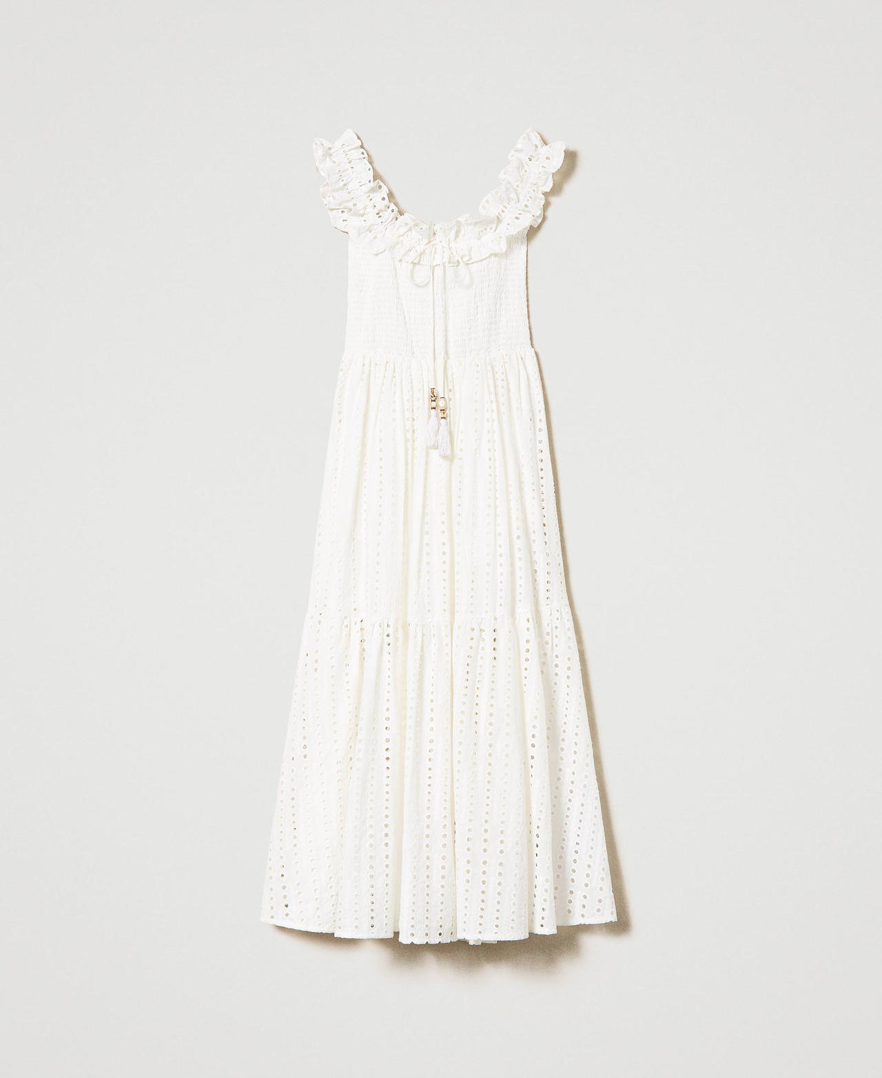 Robe longue en broderie anglaise avec volants Femme, Blanc | TWINSET Milano