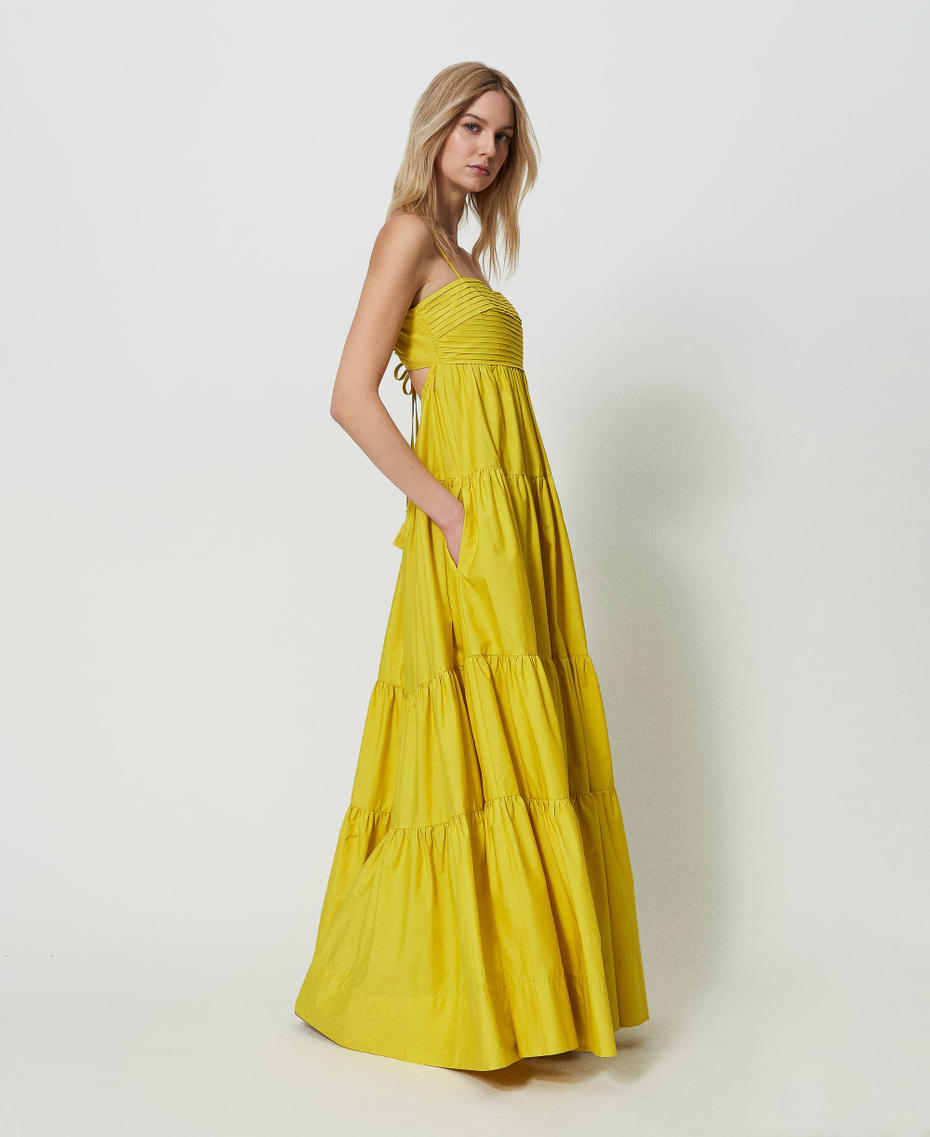 Robe longue en popeline avec plissé et volants Femme, Jaune | TWINSET Milano