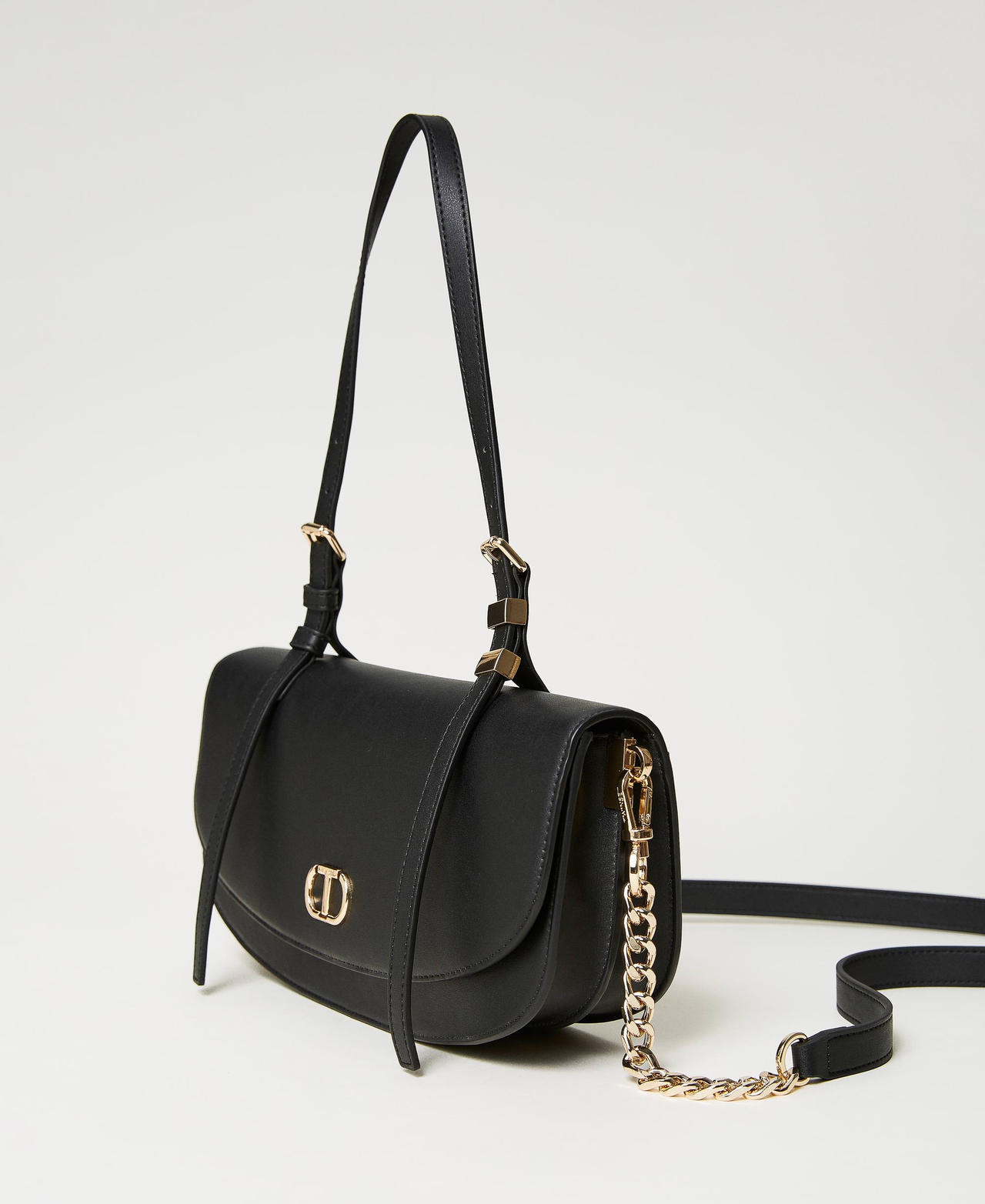Shoulder bag with flap and Oval T Woman, Black | TWINSET Milano
