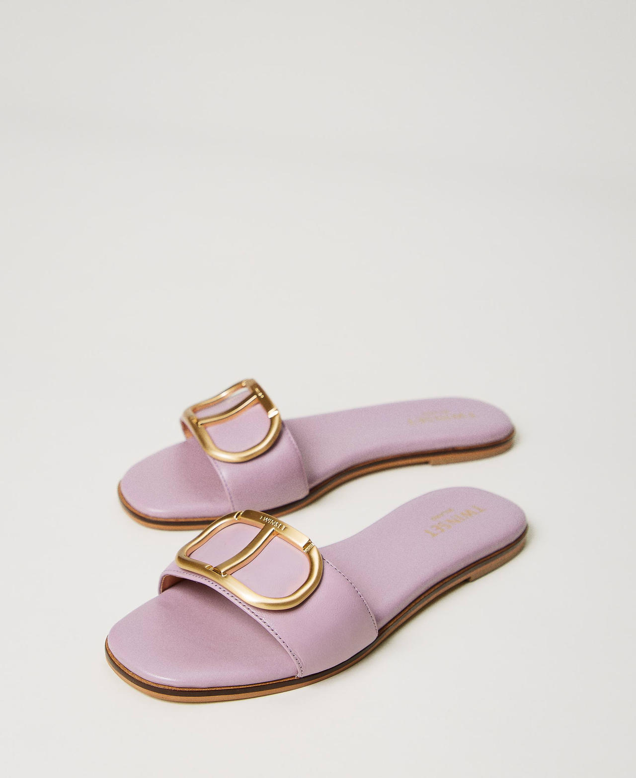 Leather slides with Oval T Woman, Purple | TWINSET Milano