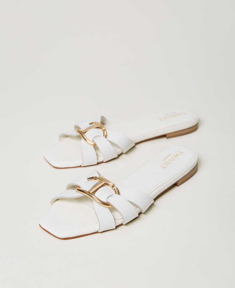 Leather slides with Oval T Woman, White | TWINSET Milano