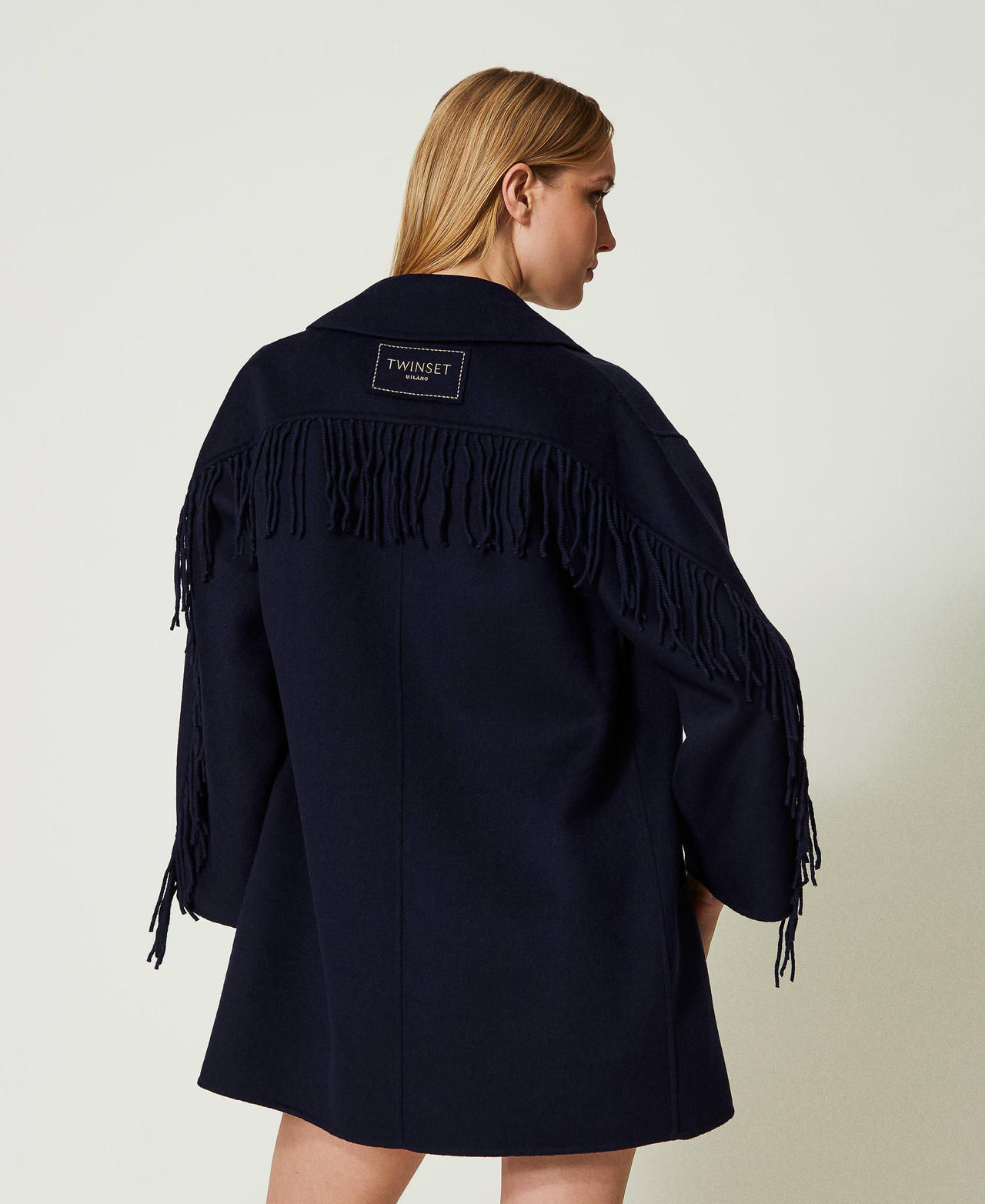 Abrigo doble de lana con flecos Mujer, Azul | TWINSET Milano