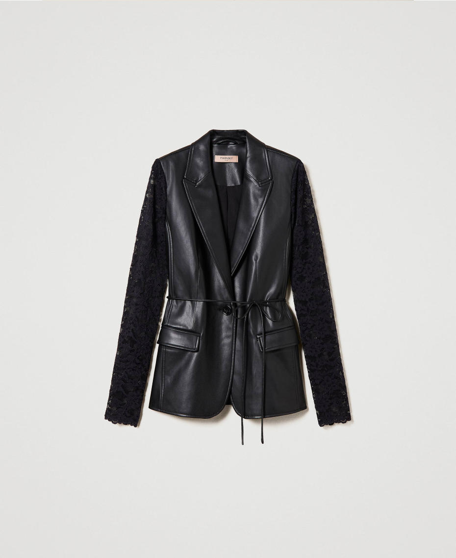 Giacca blazer effetto pelle con pizzo Donna, Nero | TWINSET Milano