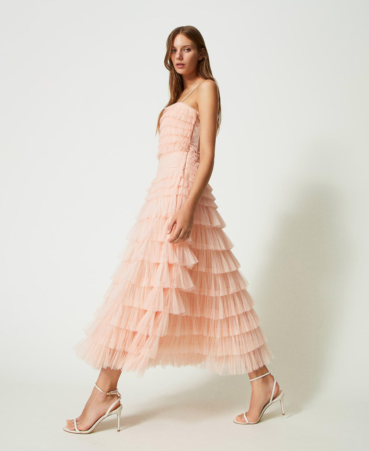 Vestido midi de tul plisado Mujer, Rosa | TWINSET Milano