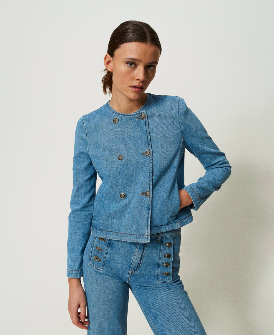 Denim jacket with mandarin collar Woman, Blue | TWINSET Milano